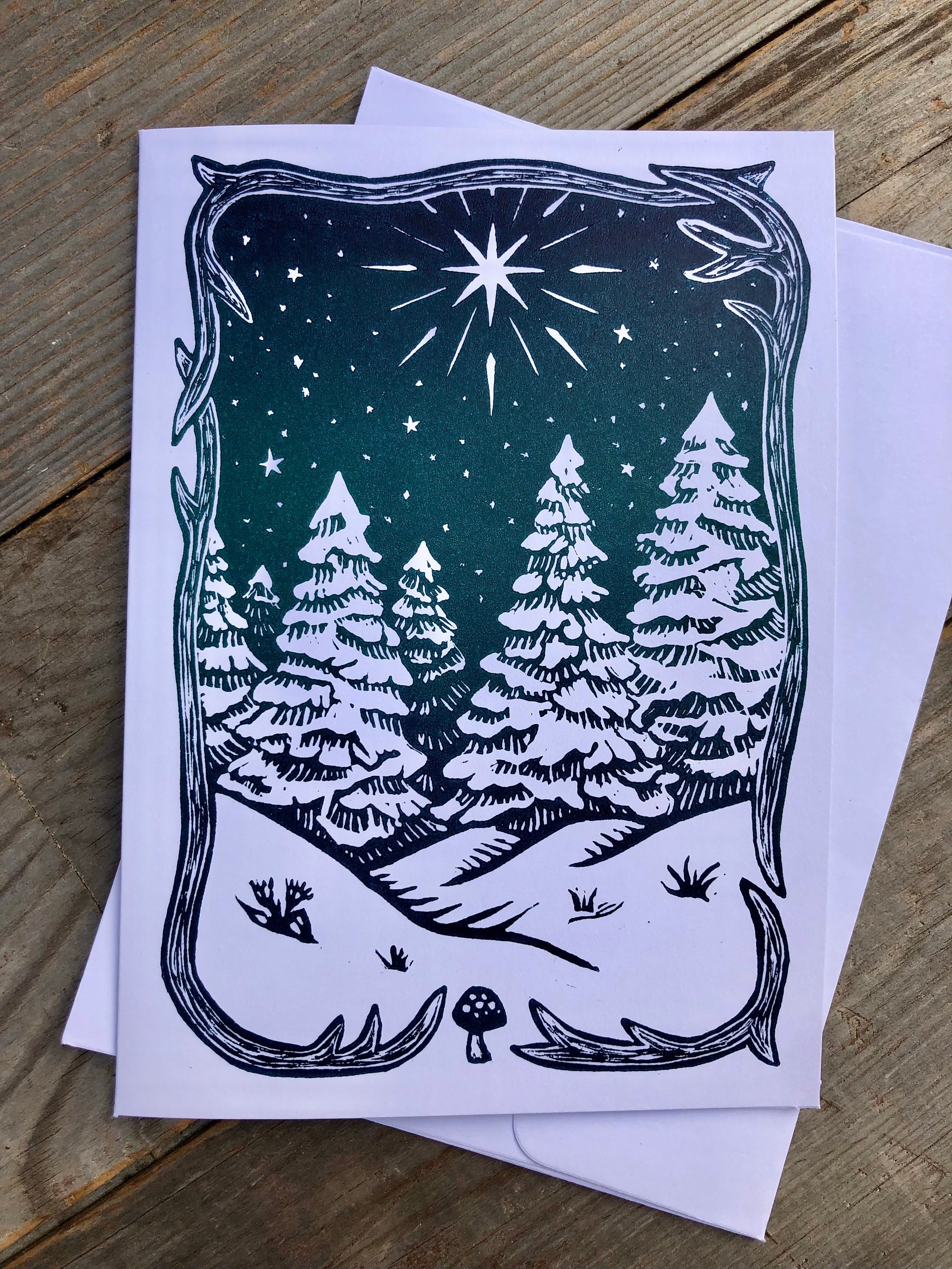 Original Linocut Print Solstice Card- Winter Night W/ Conifers- 5" X 7 ...