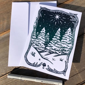 Linocut Print Winter Night Christmas Card Holiday Card Original Hand ...