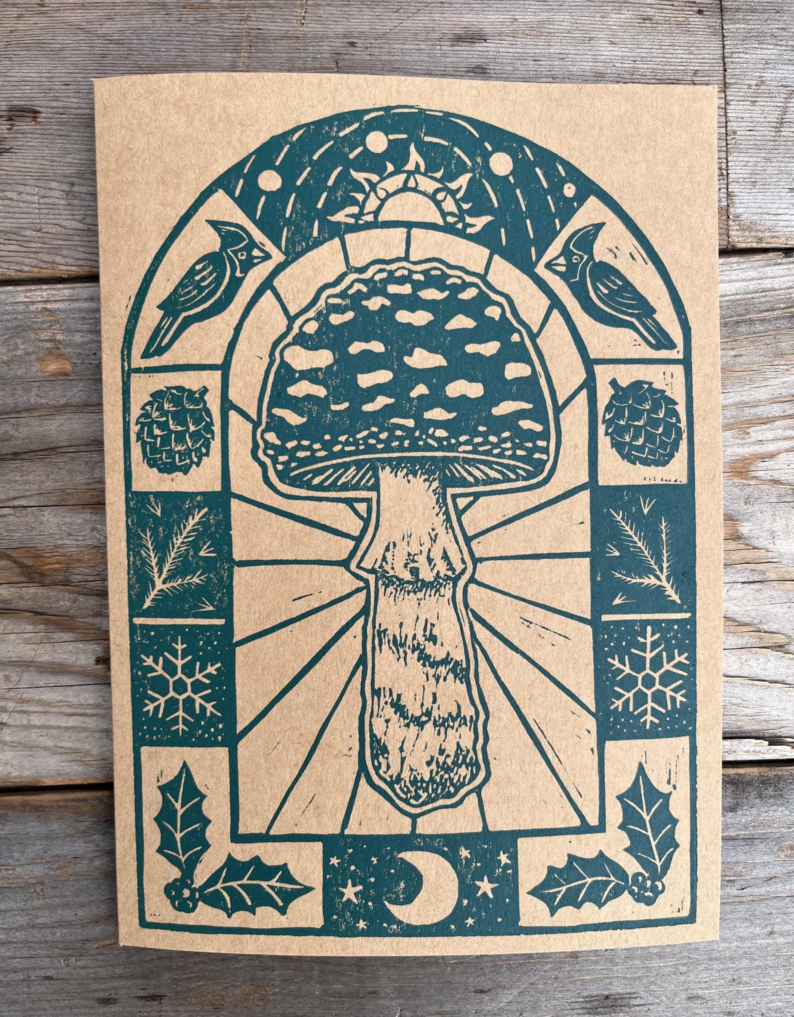 Original Linocut Print Solstice Card- Amanita Mushroom- Red/ Green Ink ...