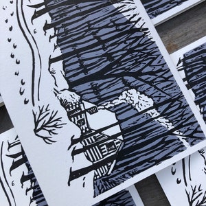 Original Linocut Print Card- Cabin in the Woods- 5" X 7", White 110 Lb ...
