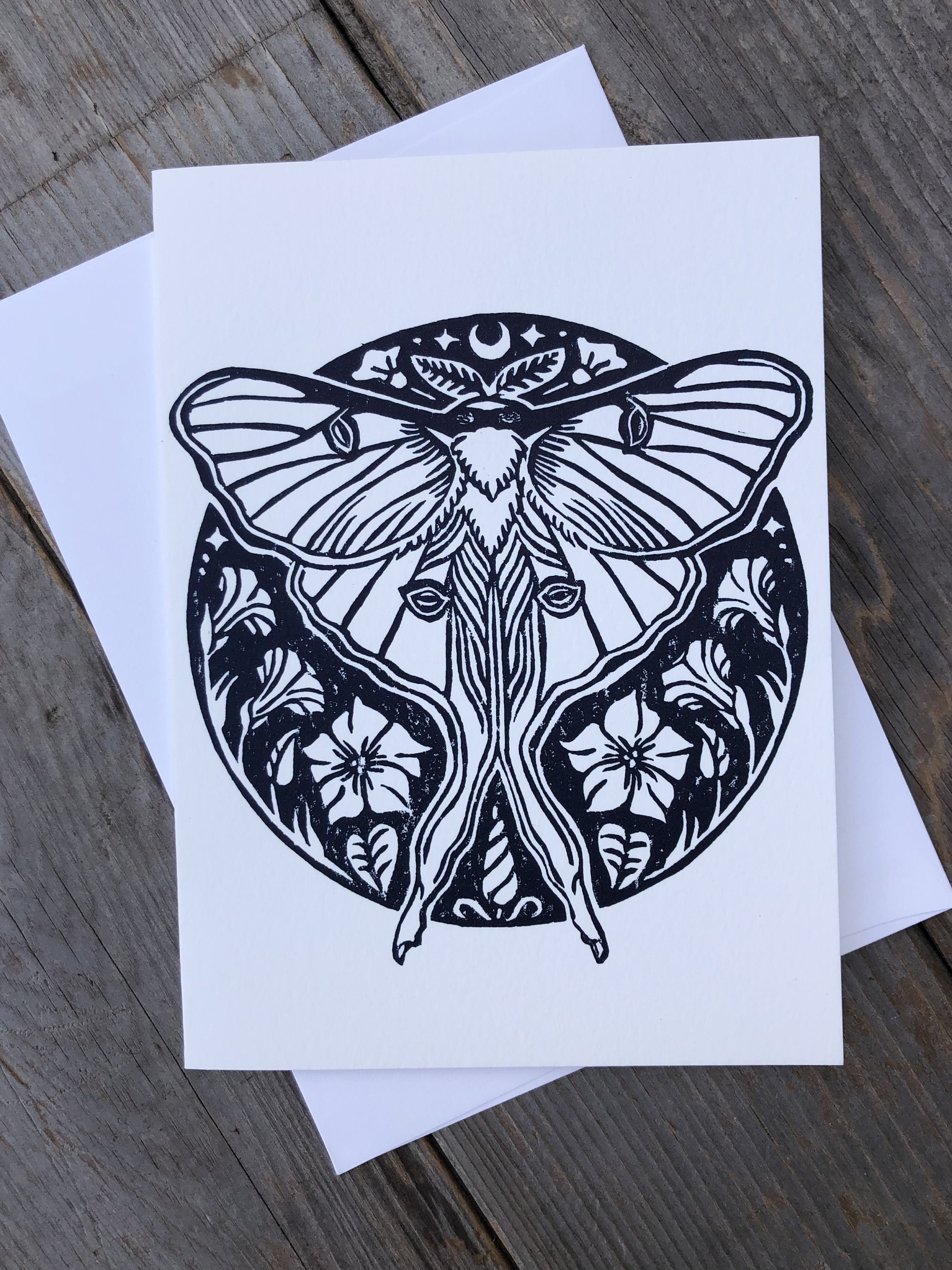 Luna Moth Linocut Print Note Card- Original- Hand Printed- 5" X 7 ...