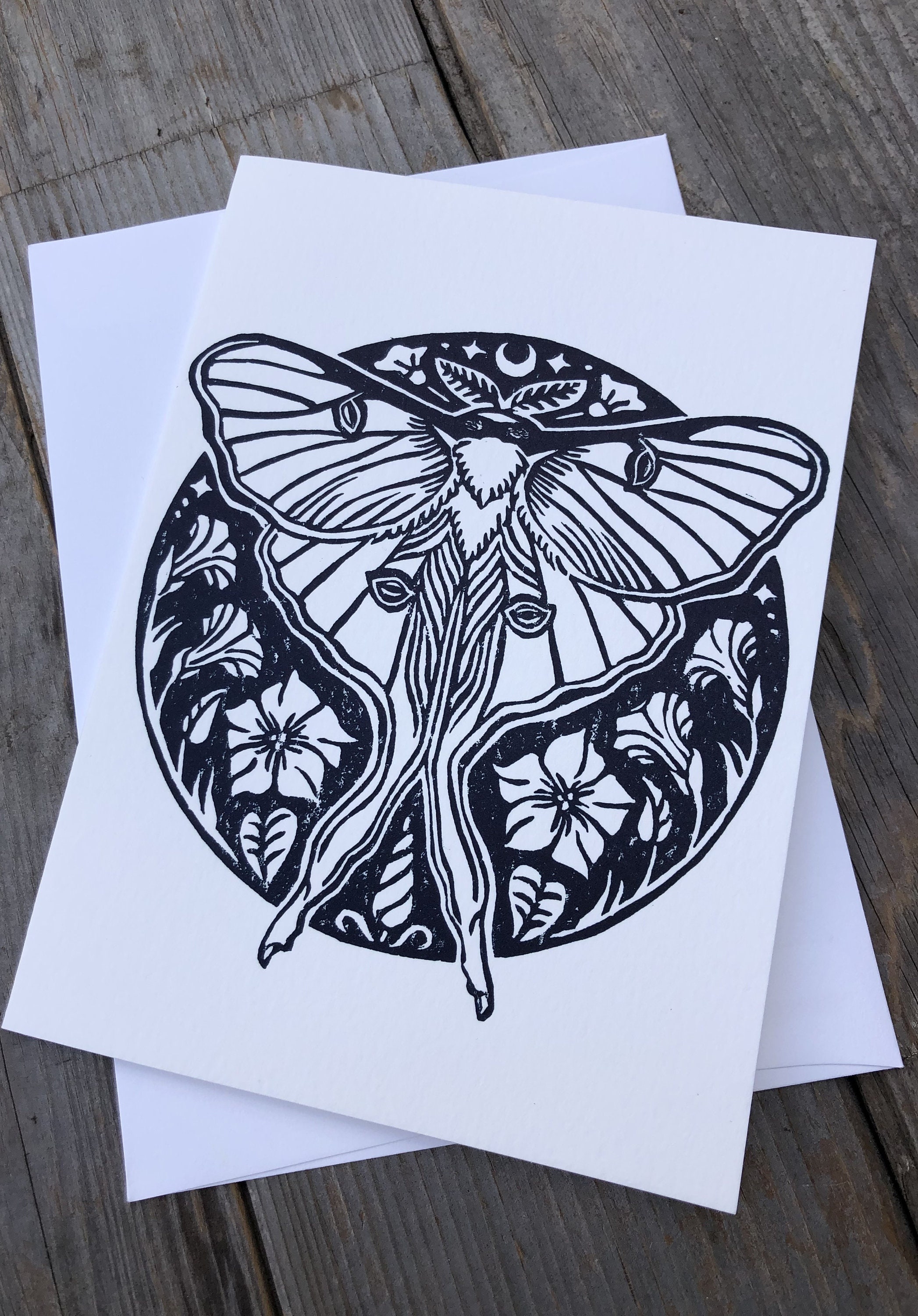Luna Moth Linocut Print Note Card- Original- Hand Printed- 5" X 7 ...