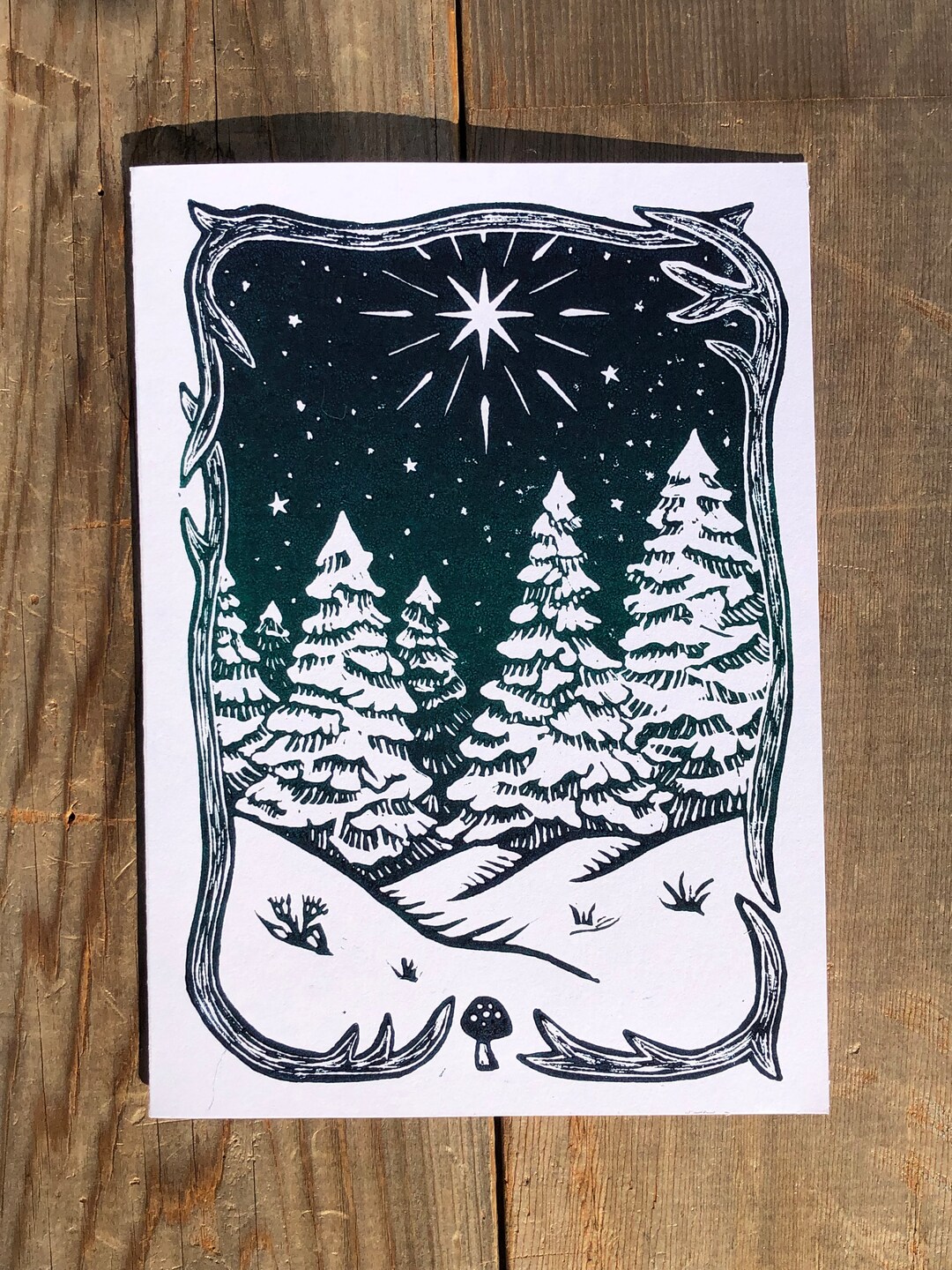 Linocut Print Holiday Card Winter Night With Conifers Christmas Card ...