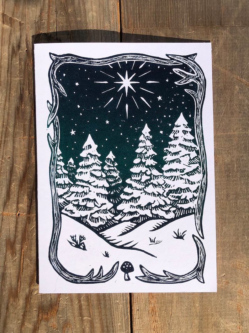 Original Linocut Print Holiday Card- Winter Night W/ Conifers ...