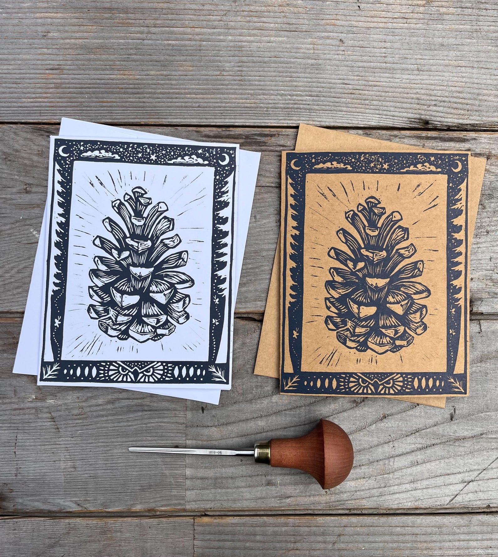 Original Linocut Print Solstice Card- Pinecone With Forest Night Border ...