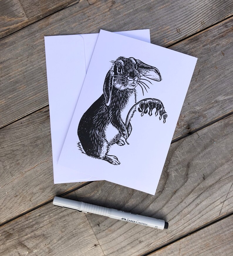Rabbit W/ Bleeding Heart Flowers Original Linocut Note Card - Etsy