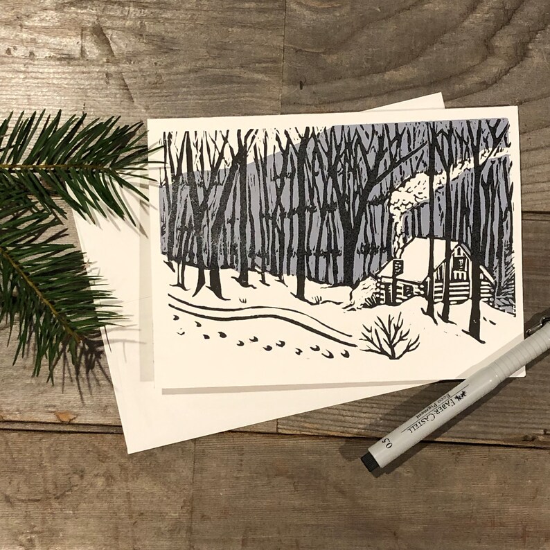 Christmas Card Original Linocut Print Holiday Card Cabin in - Etsy