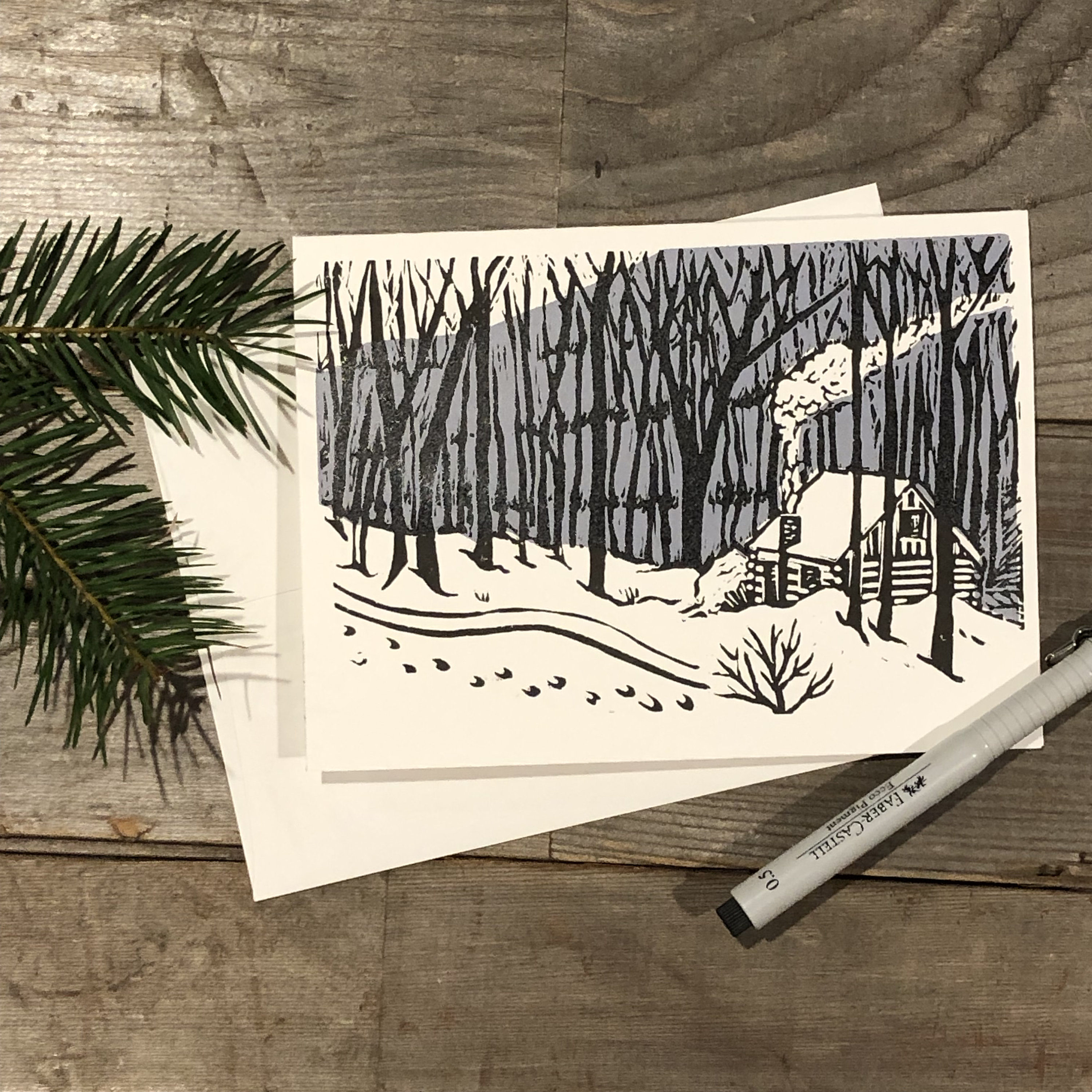 Christmas Card Original Linocut Print Holiday Card Cabin in - Etsy
