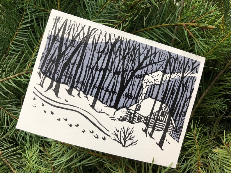 Christmas Card Original Linocut Print Holiday Card Cabin in - Etsy