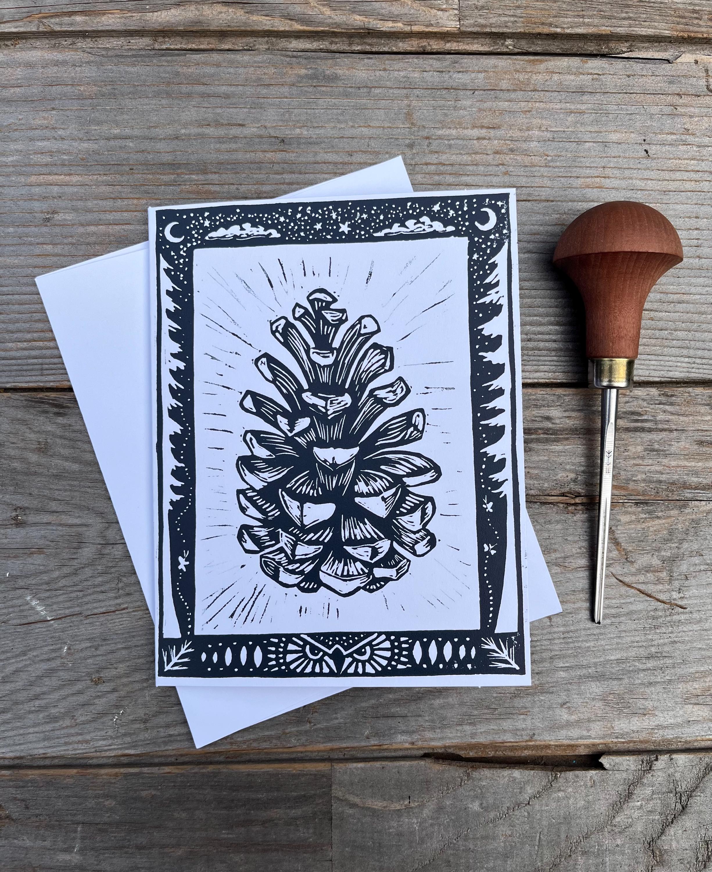 Original Linocut Print Solstice Card- Pinecone With Forest Night Border ...