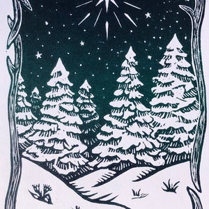 Linocut Print Holiday Card Winter Night With Conifers Christmas Card ...
