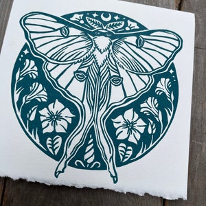Luna Moth Linocut Note Card- Handmade Card- 5.25" X 5.25" Square ...