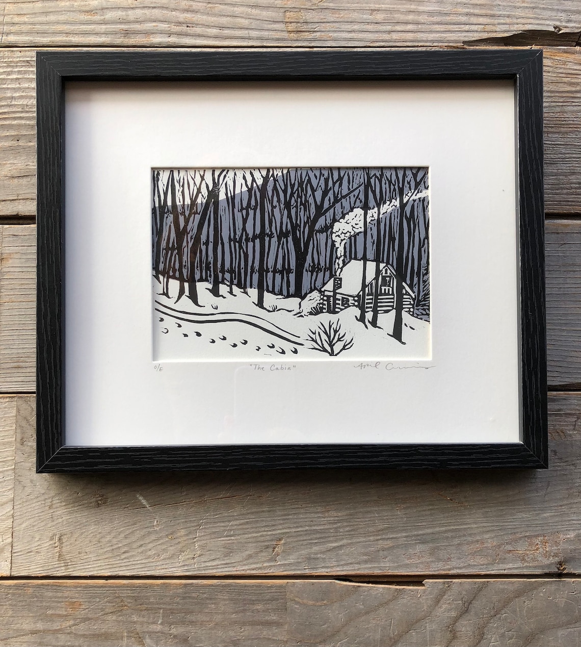 Christmas Card Original Linocut Print Holiday Card Cabin in - Etsy