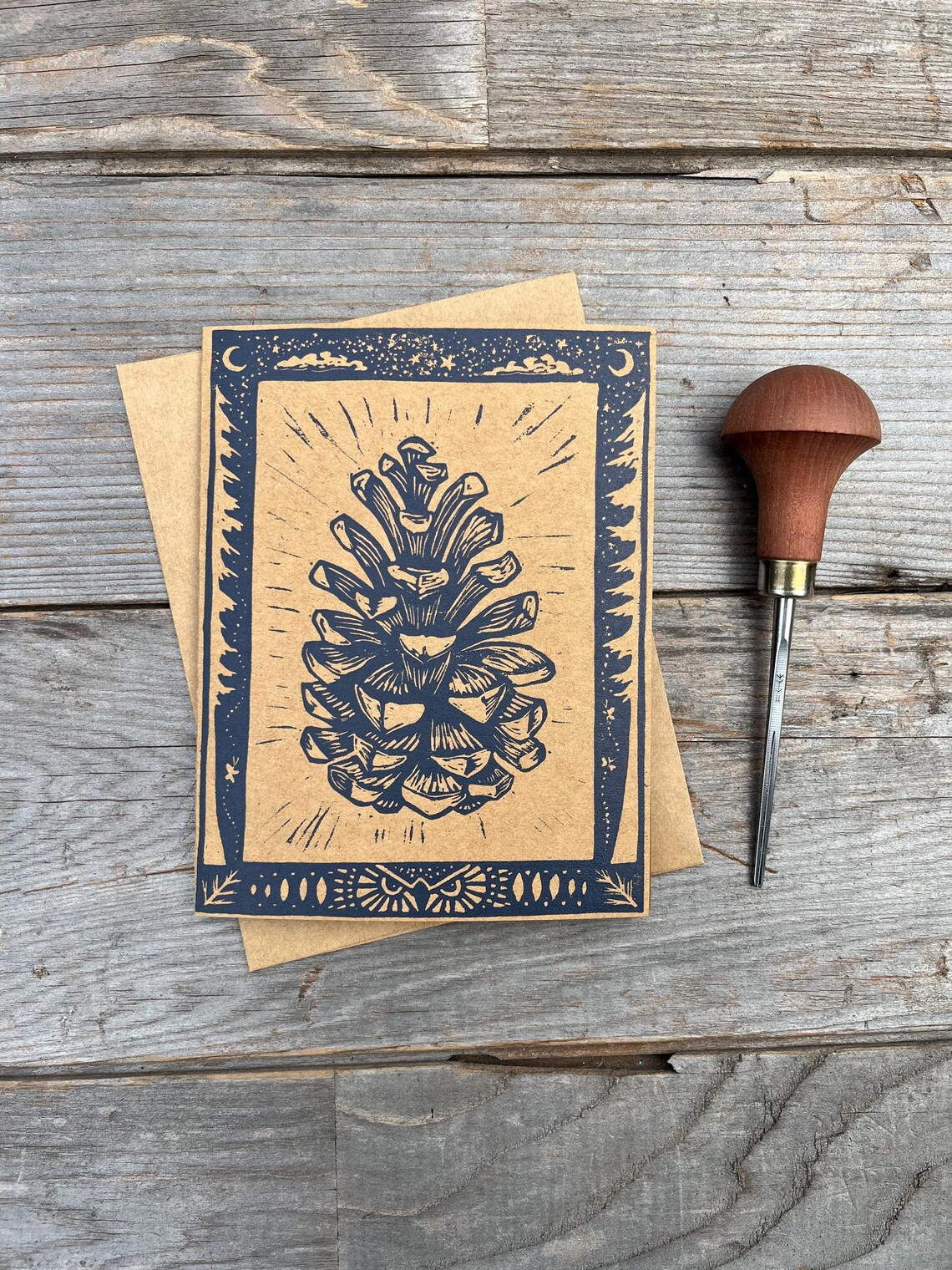 Original Linocut Print Solstice Card- Pinecone With Forest Night Border ...