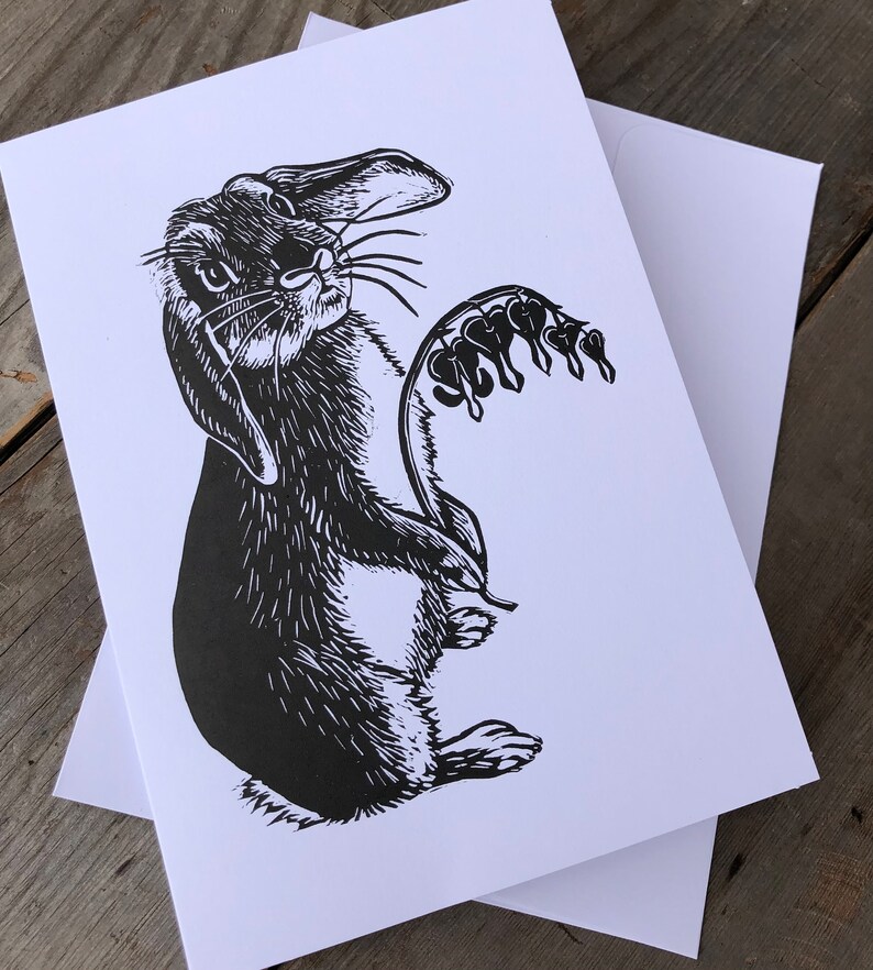 Rabbit W/ Bleeding Heart Flowers Original Linocut Note Card - Etsy
