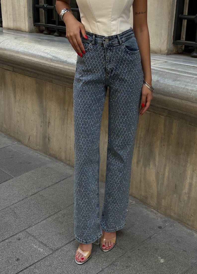 Handmade Rhinestone High Waist Palazzo Jeans - Elegant Turkish Denim - Etsy