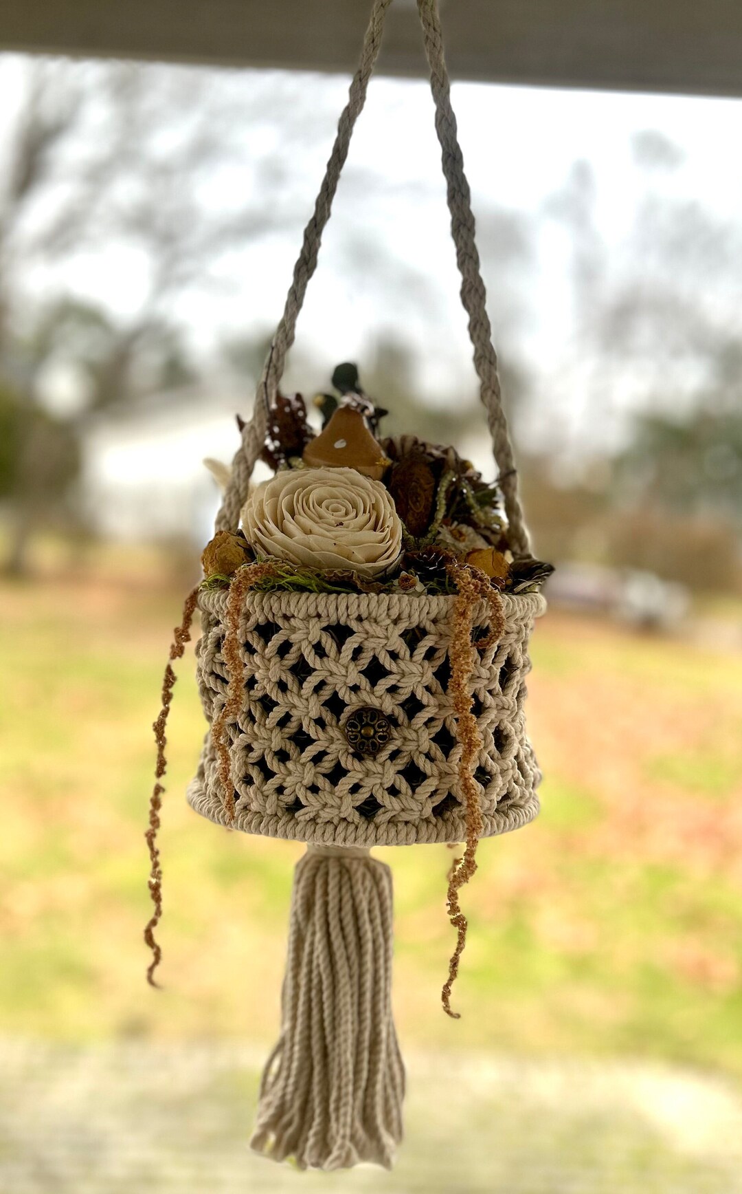 Macrame Hanging Basket With Flowers & Crystal, Macrame, Sola Flower ...