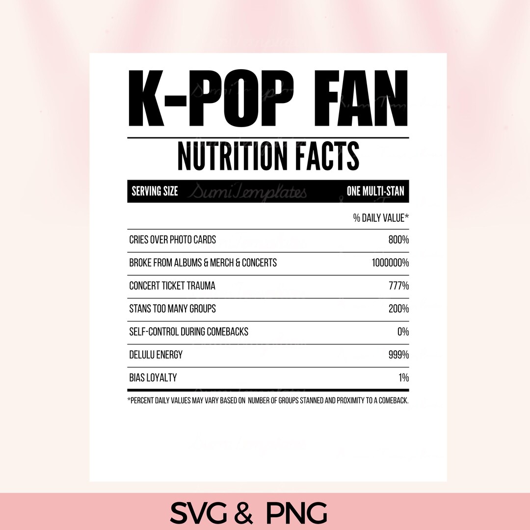 Funny K-pop Fan SVG, K-pop Multistan PNG, Nutritional Facts, Kpop ...