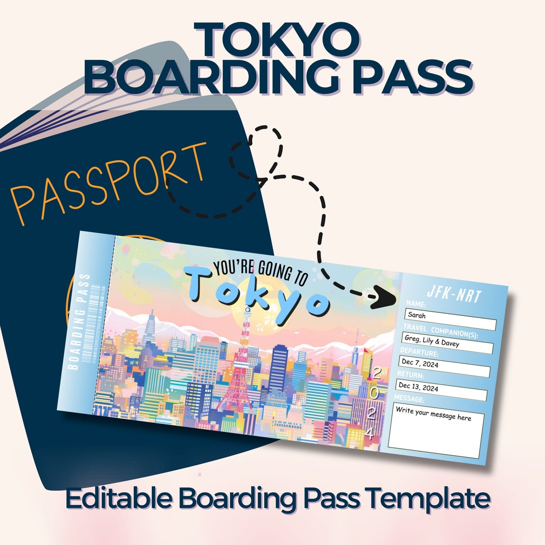 Editable Tokyo Boarding Pass, Custom Airplane Ticket Template, Tokyo ...