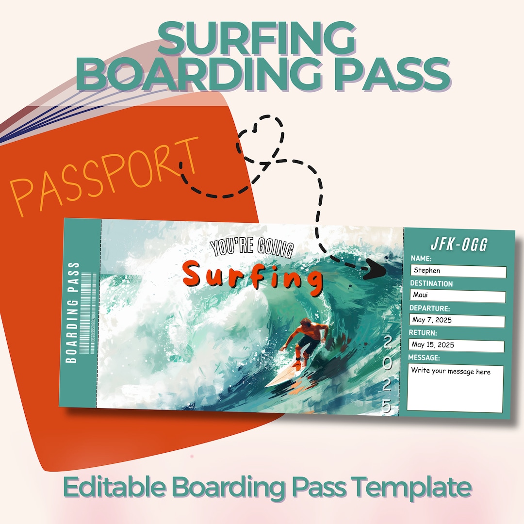 Editable Surfing Boarding Pass, Surprise Ticket, Custom Flight Ticket ...