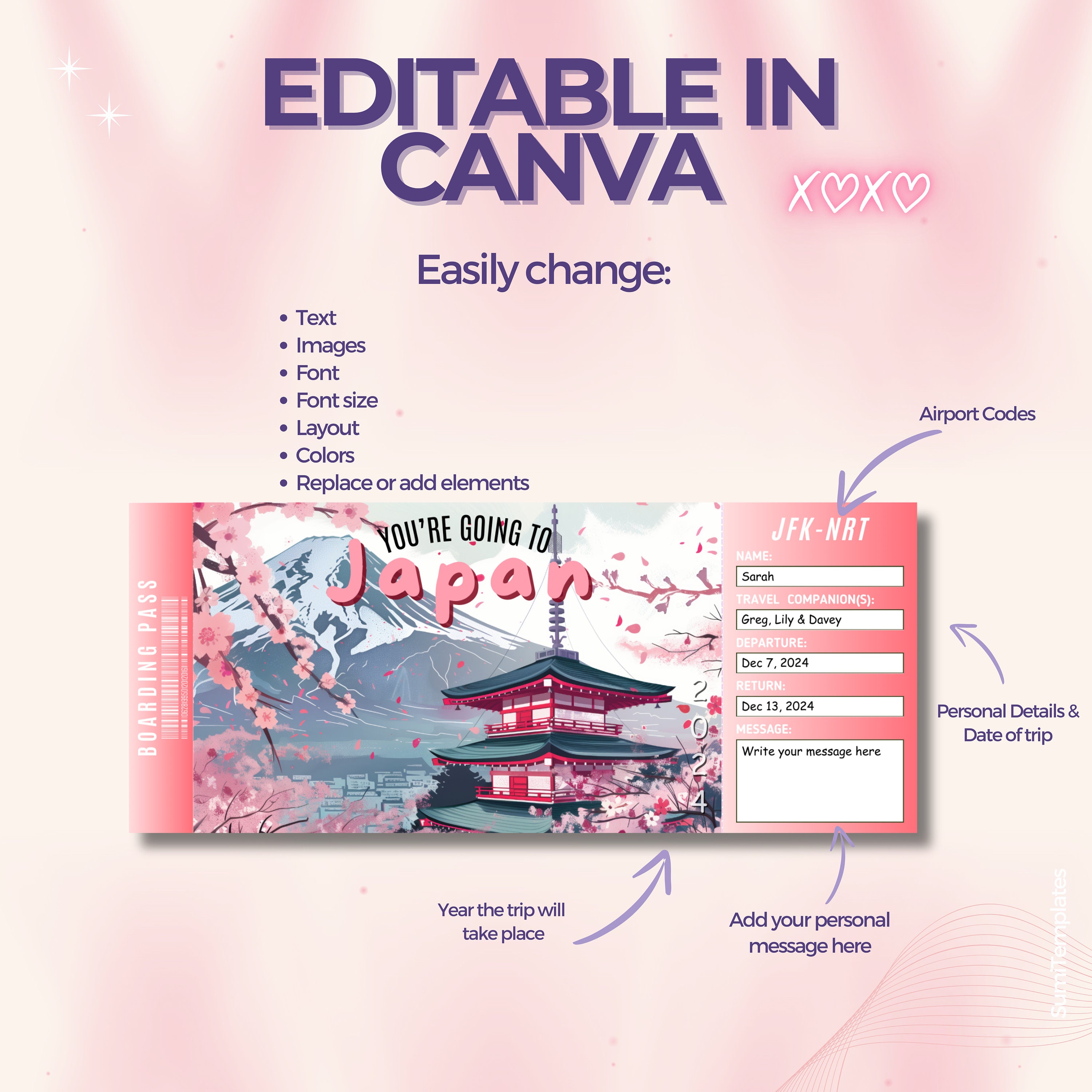 Editable Japan Boarding Pass, Custom Airplane Ticket Template, City ...