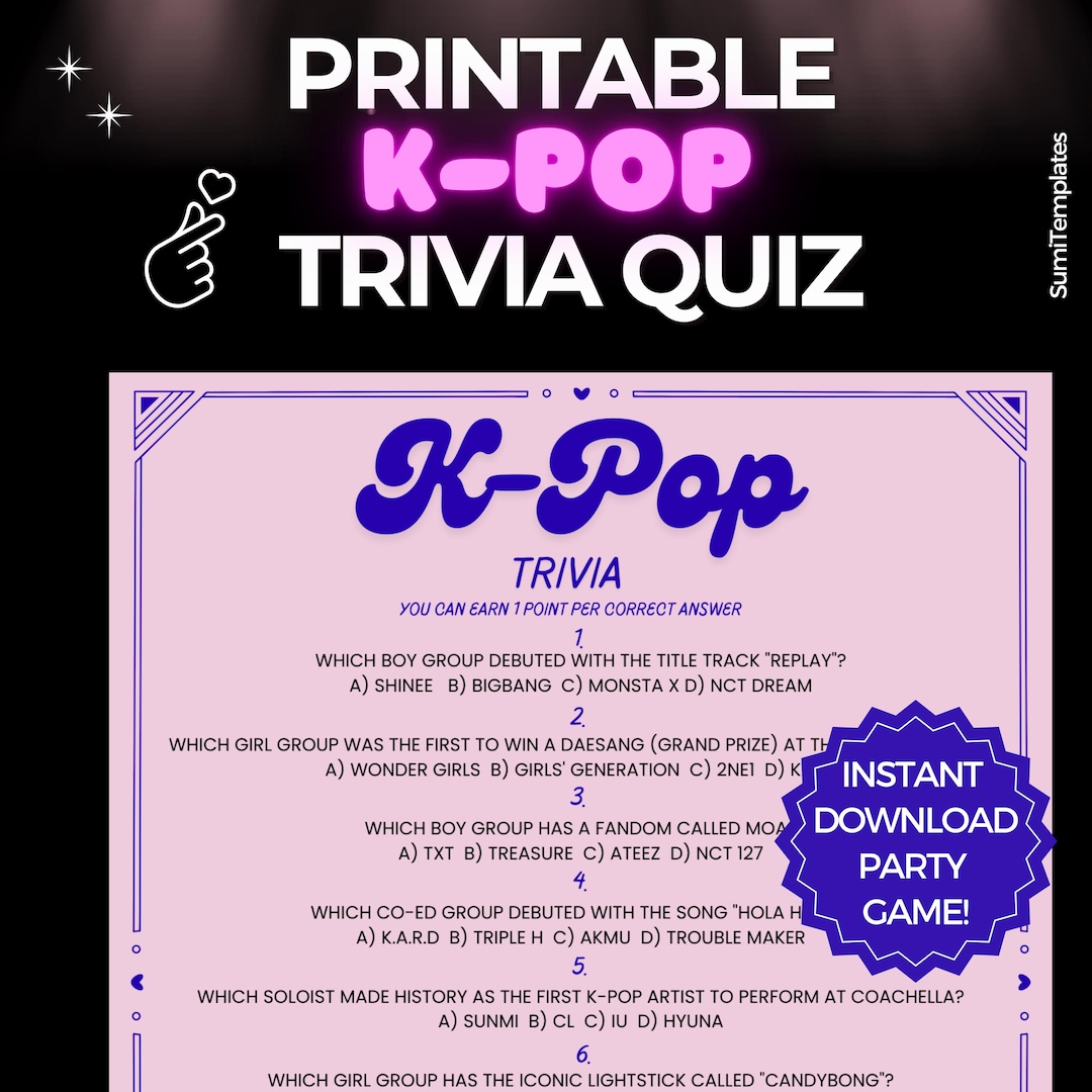 Printable K-pop Trivia Quiz, K-pop Game Night, Korean Pop Quiz ...