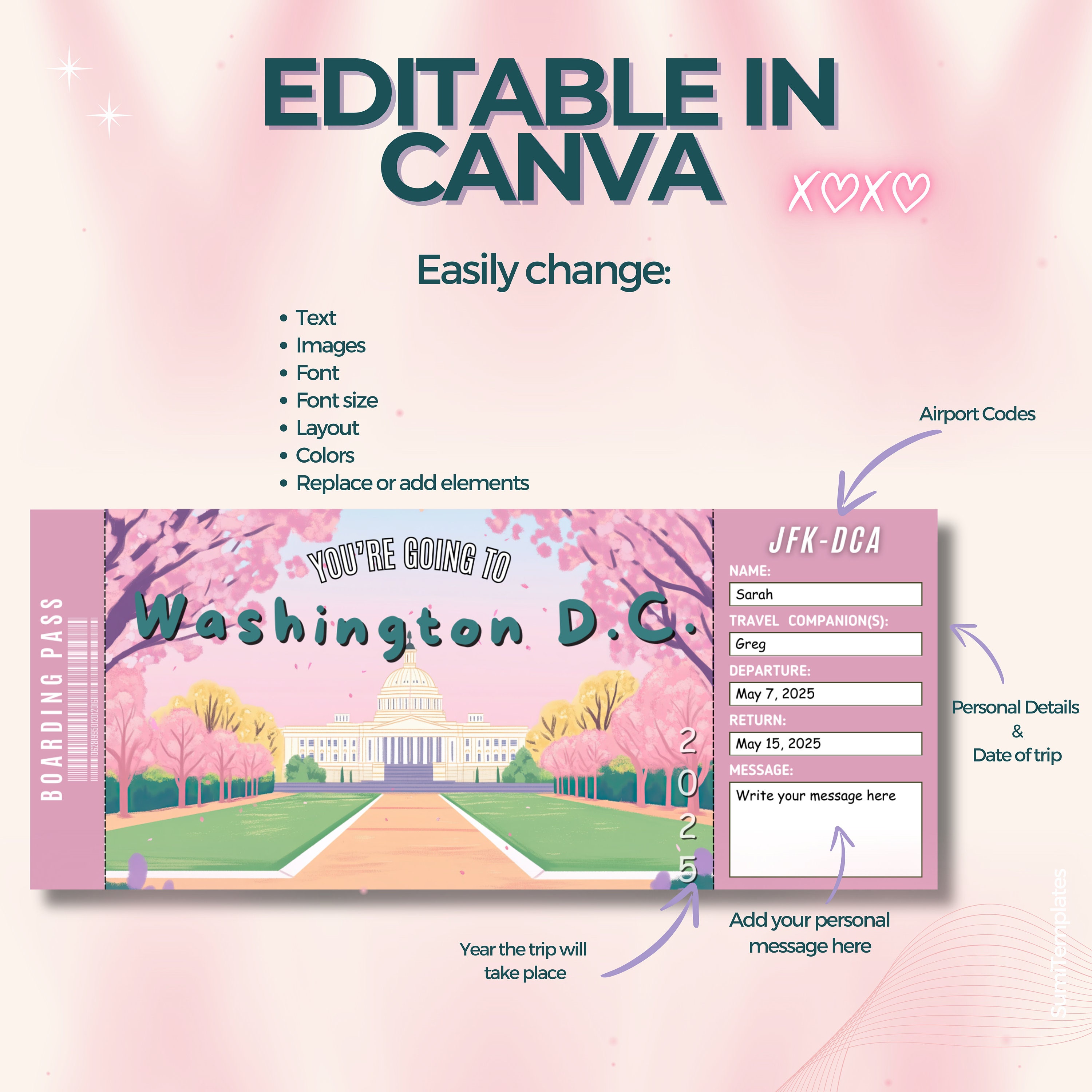 Washington D.C. Surprise Ticket, Editable Boarding Pass, Custom Flight ...