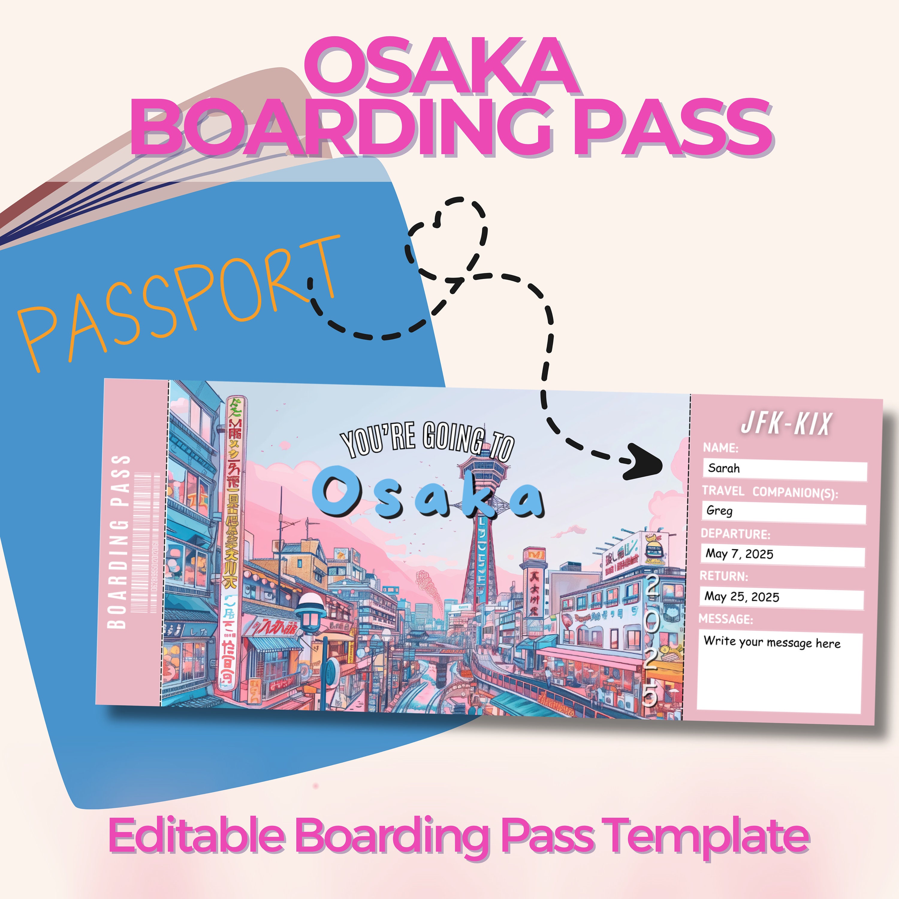 Editable Osaka Boarding Pass, Custom Airplane Ticket Template, Osaka ...