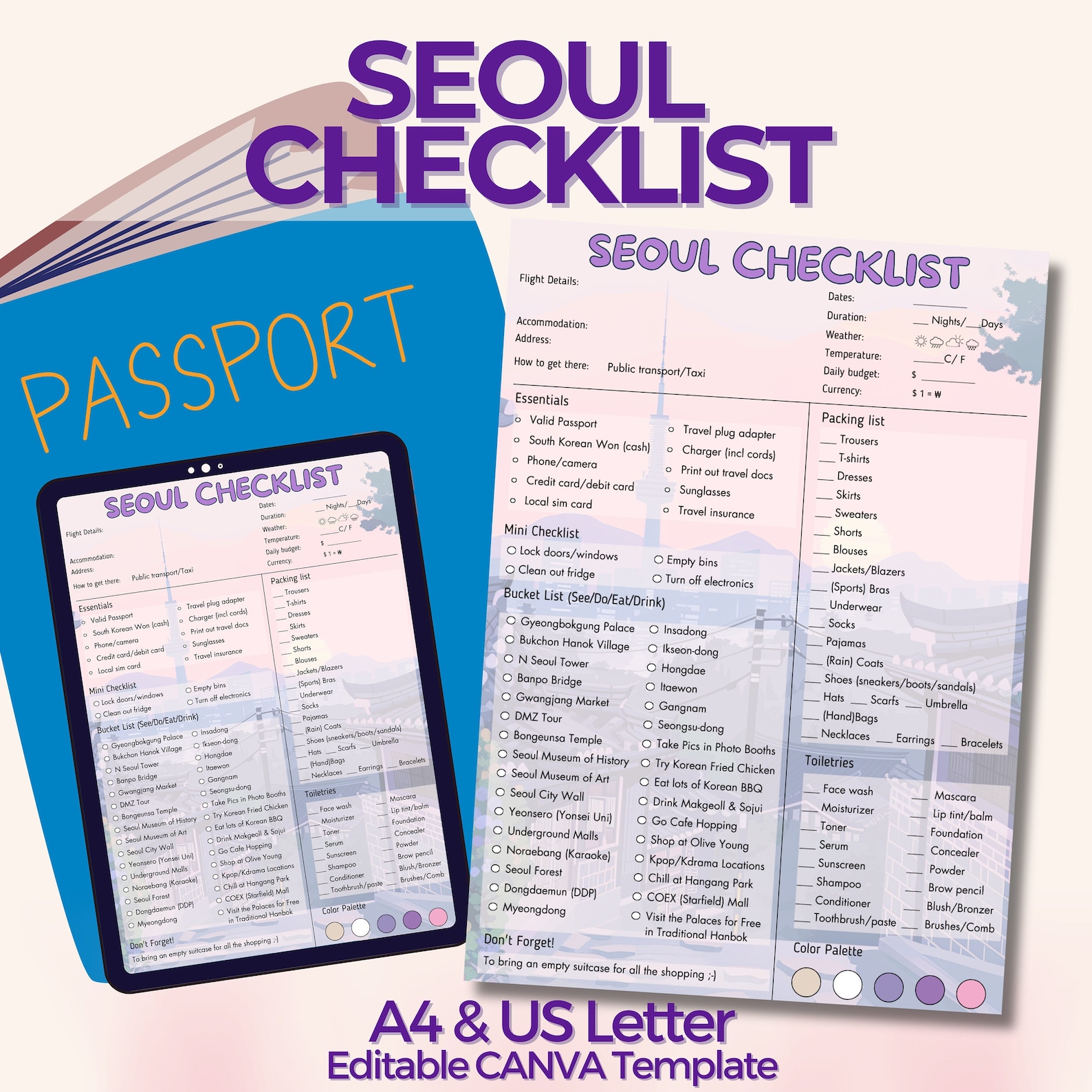 Seoul Checklist Canva Template - South Korea Minimalist Travel Planner ...