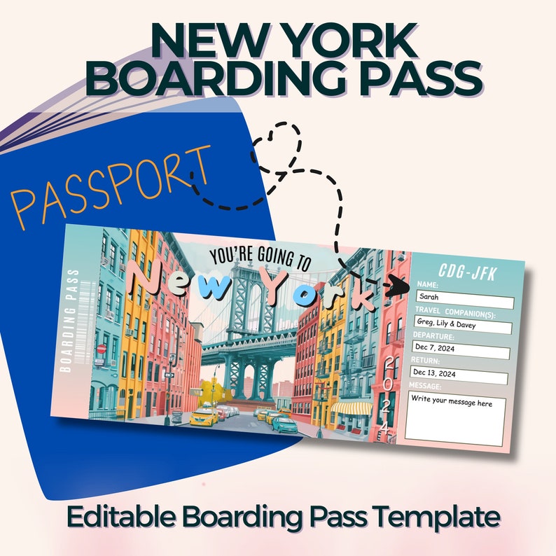 Editable New York Boarding Pass, Custom Flight Ticket Template,nyc Trip ...