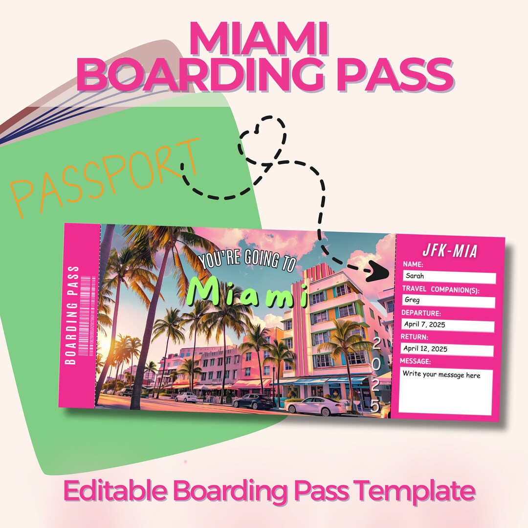 Editable Miami Boarding Pass, Surprise Ticket, Custom Ticket Template ...