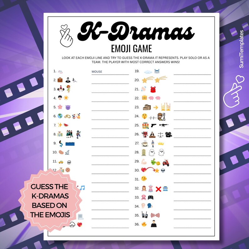 K-drama Emoji Game, Printable Party Game for Kdrama Fans, Korean Drama ...