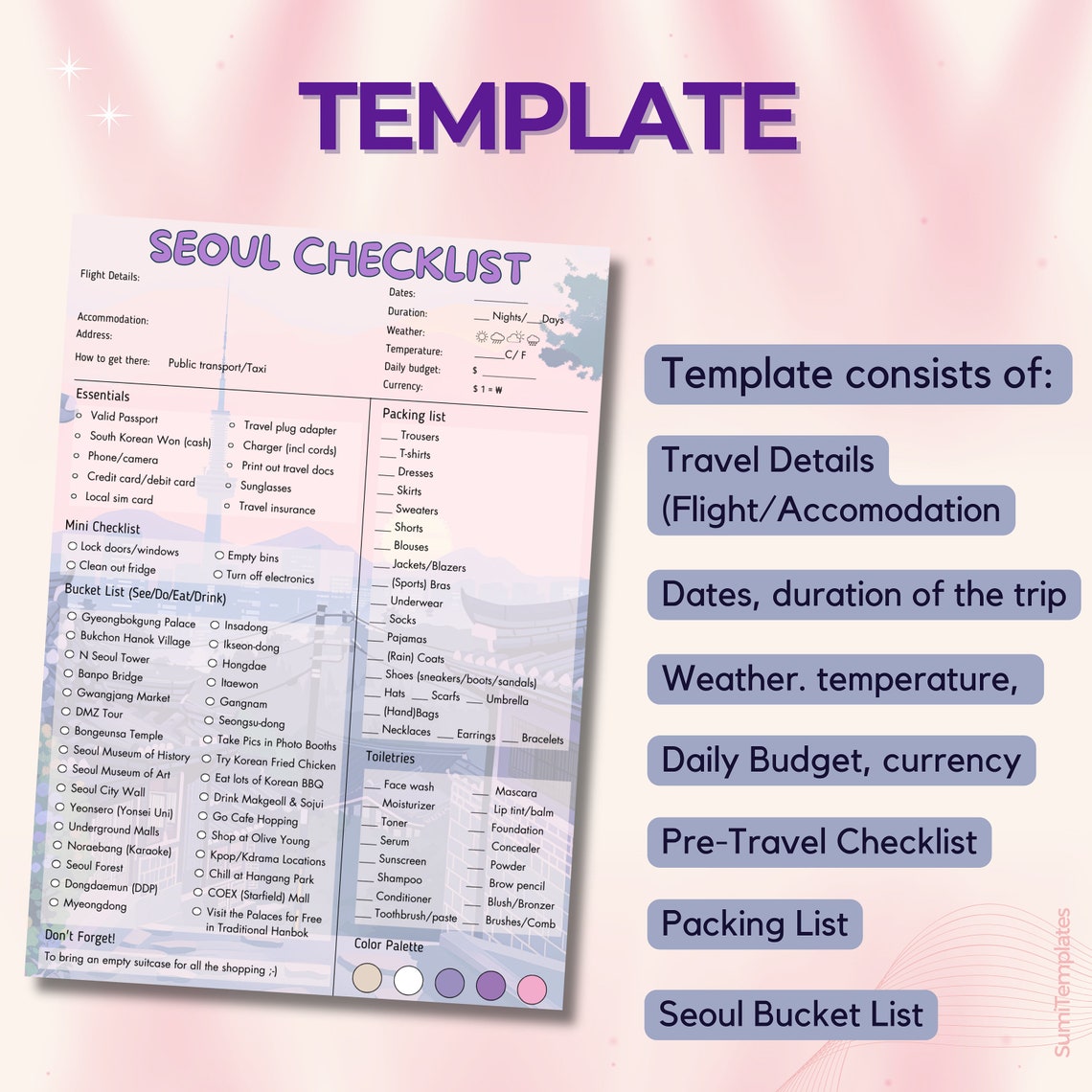Seoul Checklist Canva Template - South Korea Minimalist Travel Planner ...