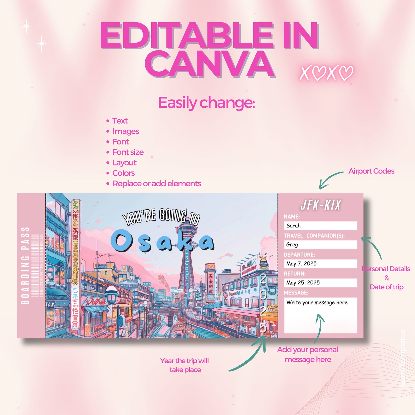 Editable Osaka Boarding Pass, Custom Airplane Ticket Template, Osaka ...