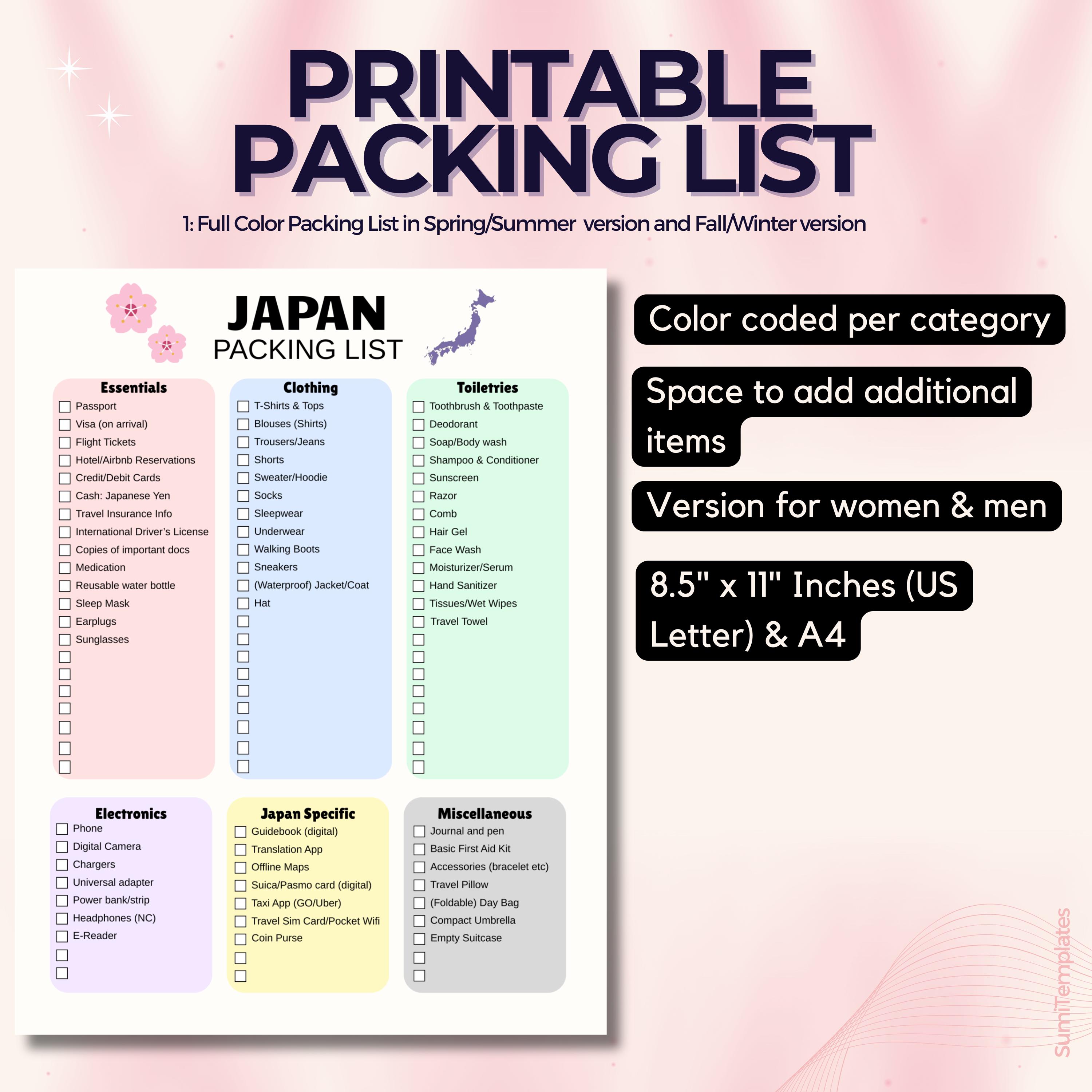Editable Japan Packing List, Printable Japan Checklist, Color-coded ...