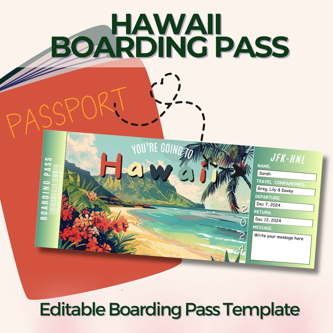 Hawaii Boarding Pass, Custom Flight Ticket, Editable Canva Template ...