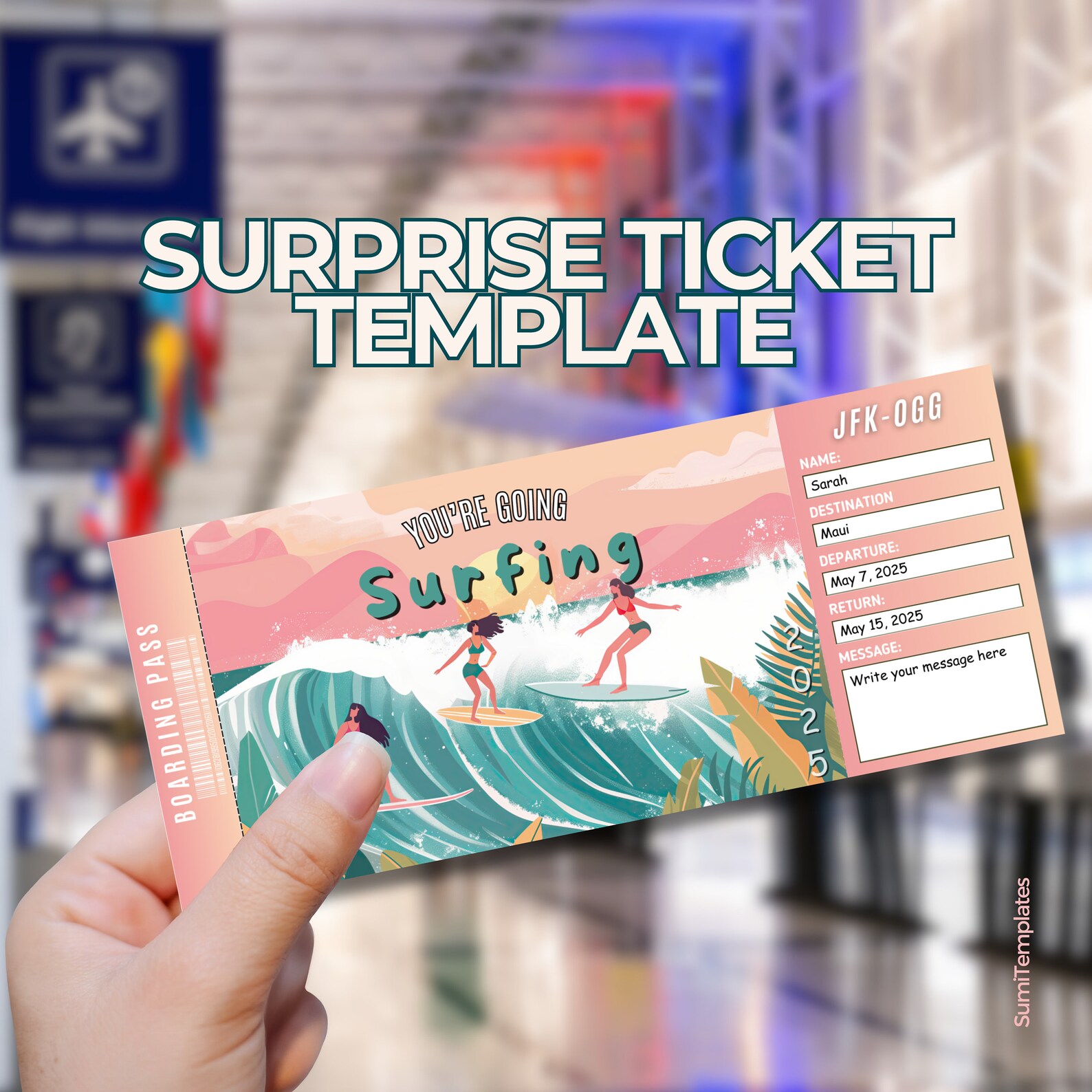 Editable Surfing Boarding Pass, Surprise Ticket, Custom Flight Ticket ...