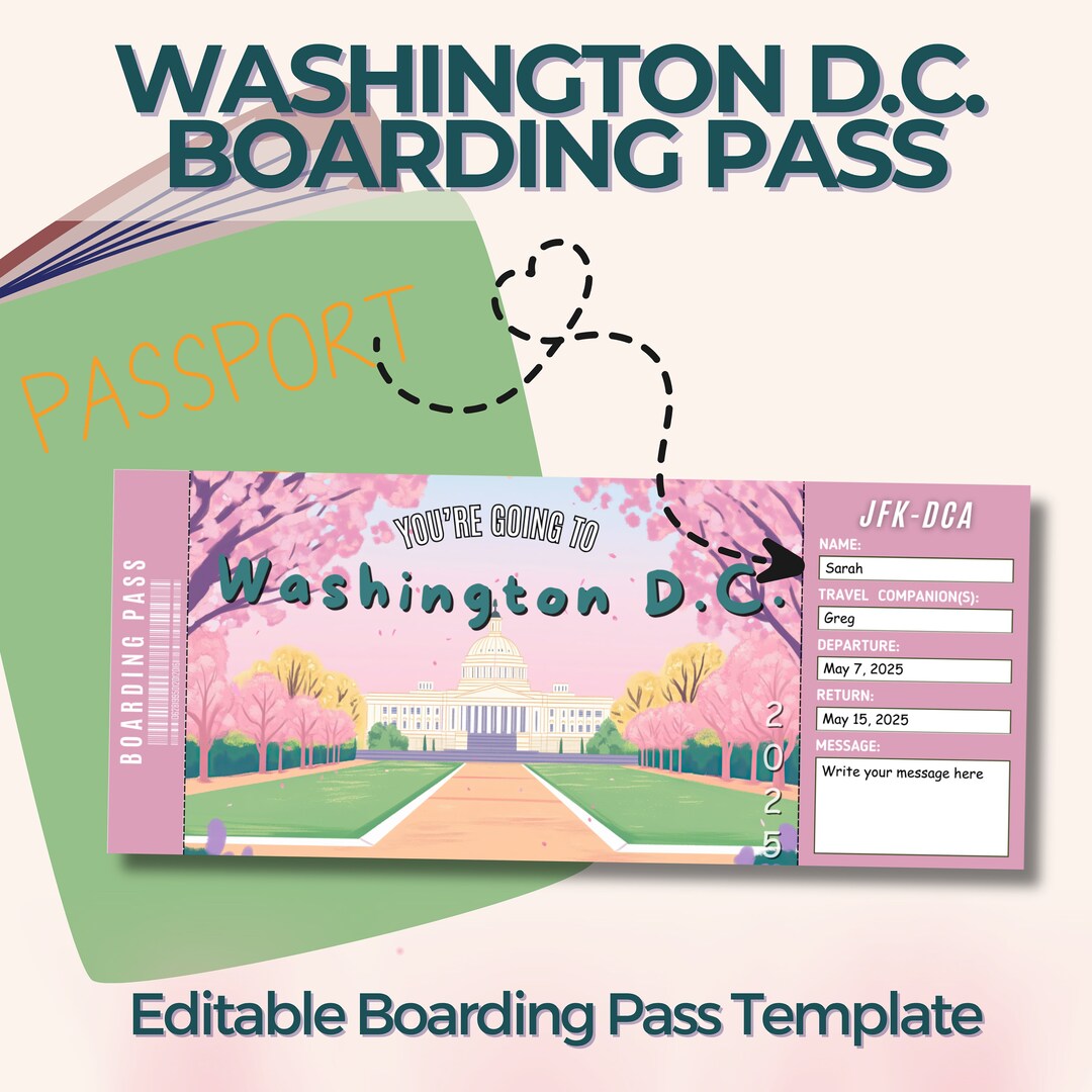 Washington D.C. Surprise Ticket, Editable Boarding Pass, Custom Flight ...