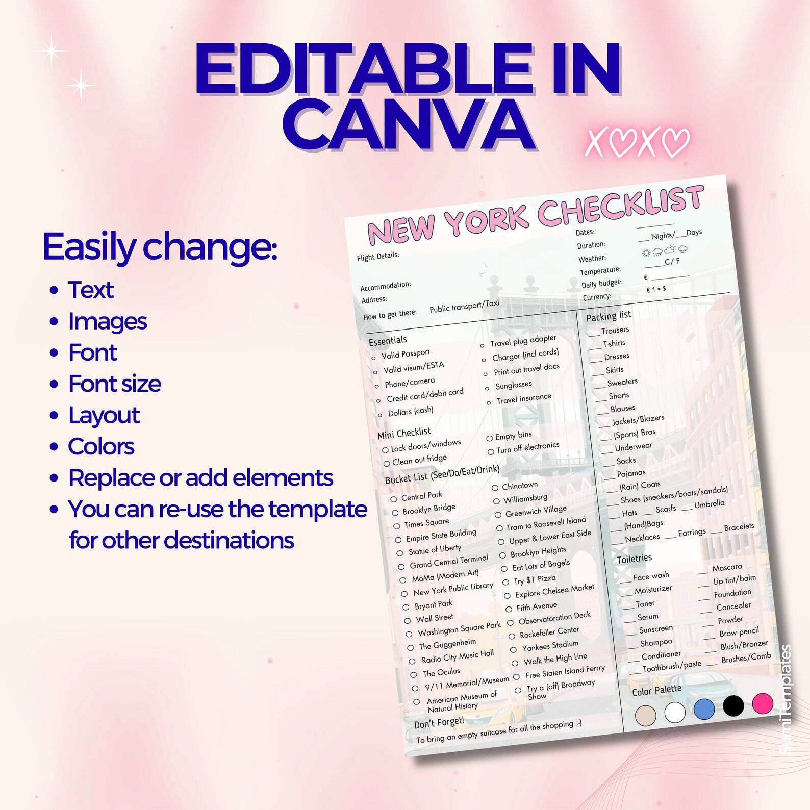 New York Checklist Canva Template - Minimalist Travel Planner and ...