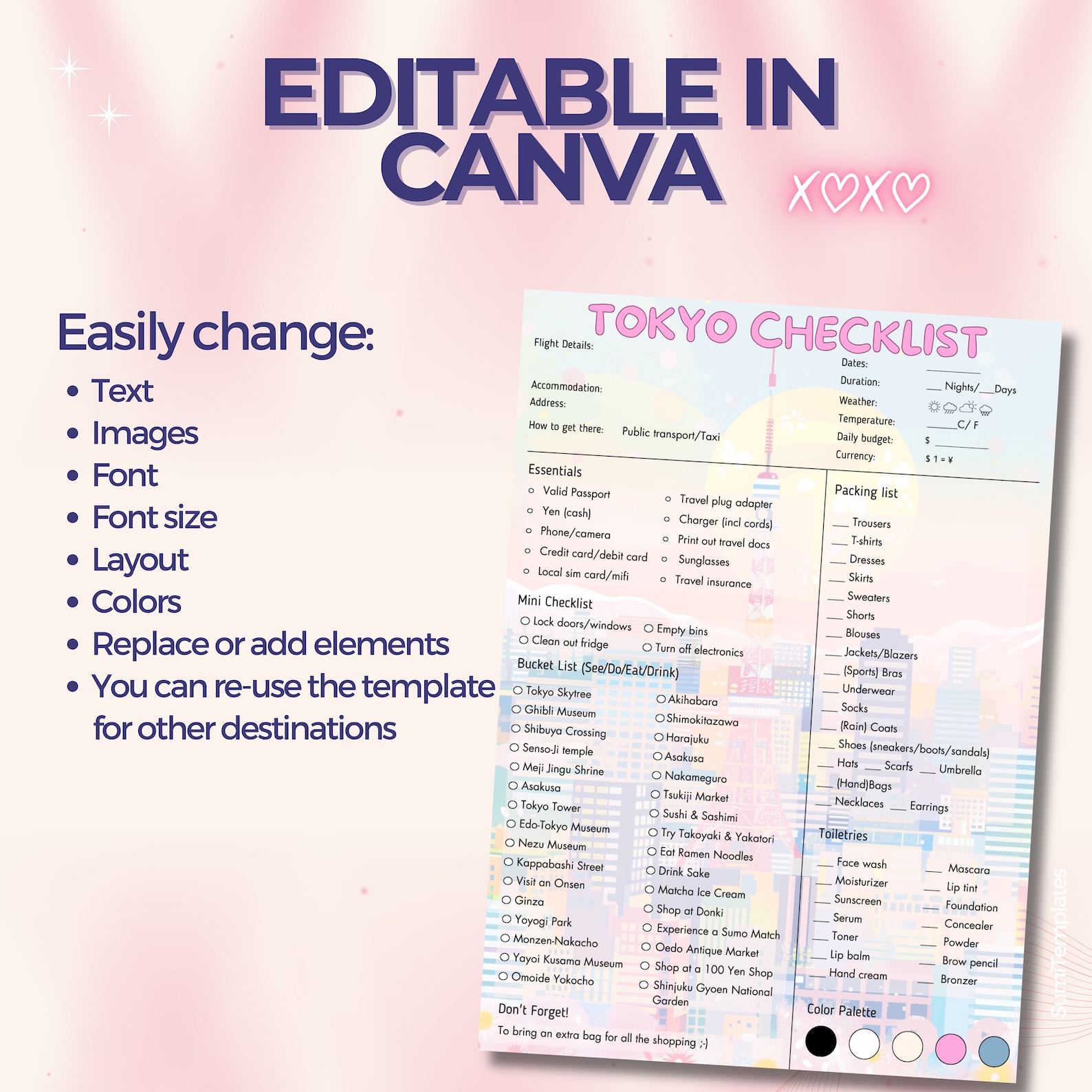 Tokyo Checklist Canva Template - Japan Minimalist Travel Planner and ...