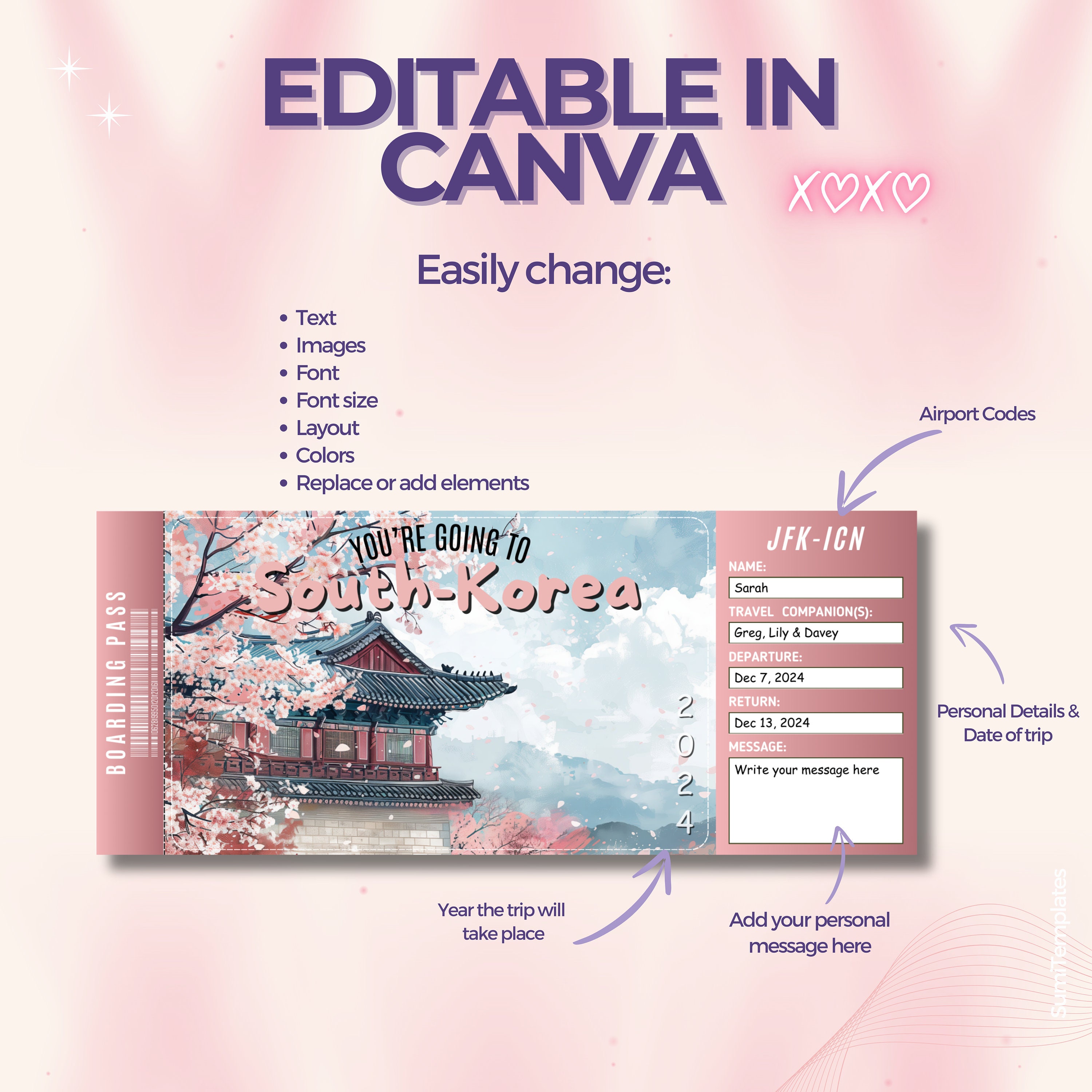 Editable South Korea Boarding Pass, Custom Ticket Template, Seoul Trip ...