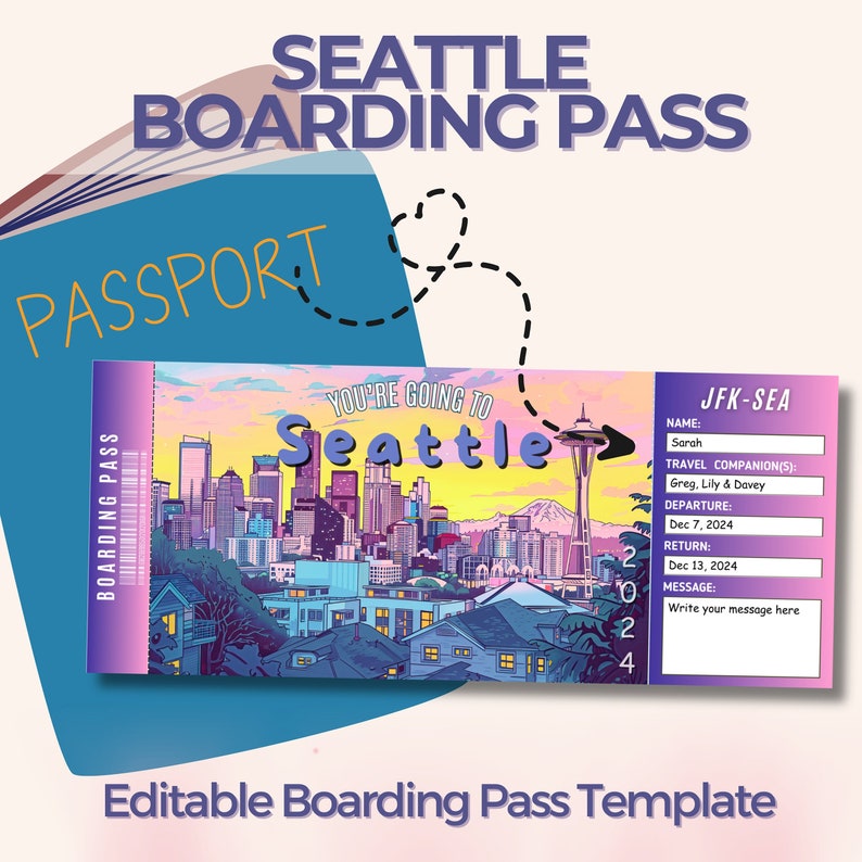 Seattle Boarding Pass, Custom Flight Ticket Template, Surprise Ticket ...