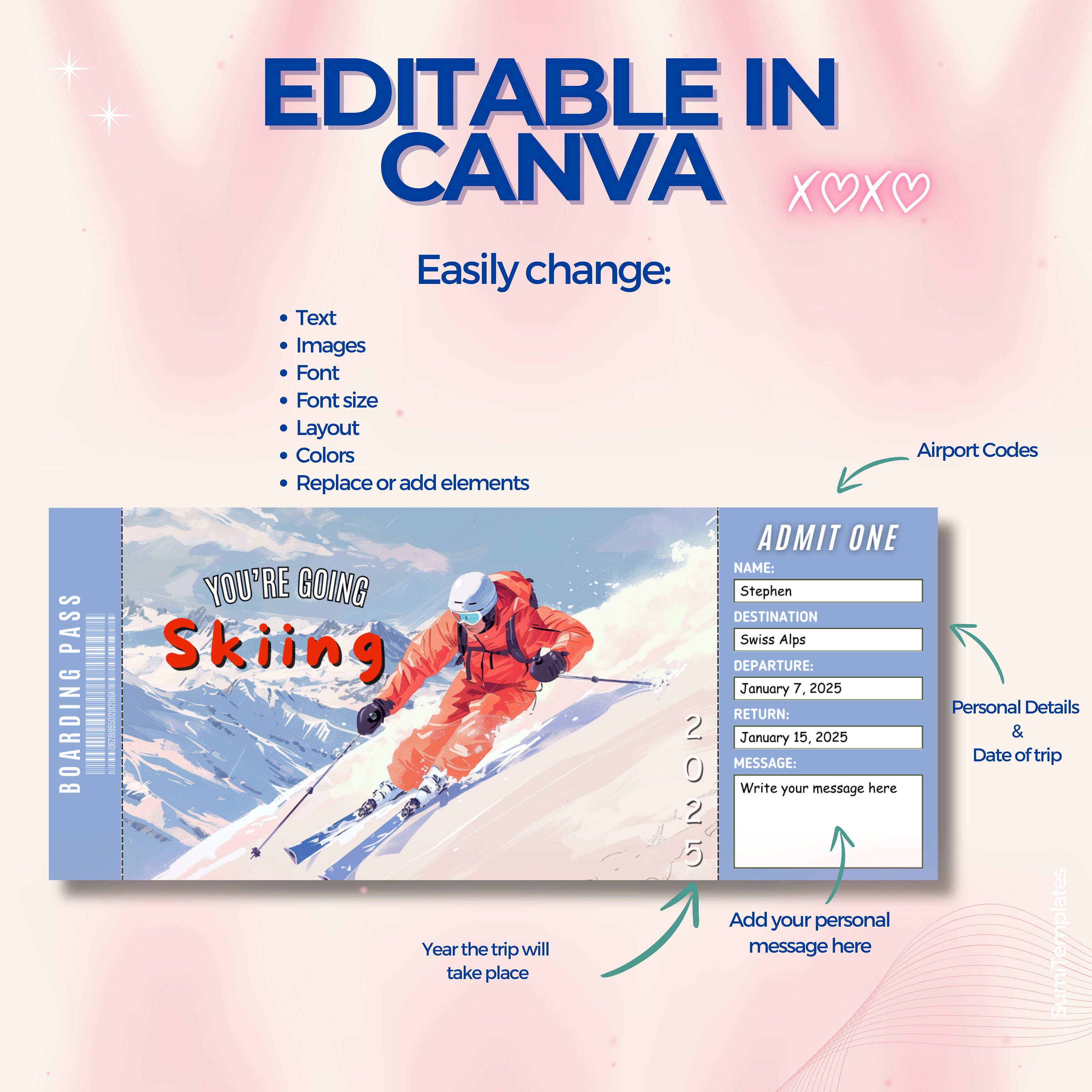 Editable Skiing Boarding Pass, Surprise Ticket, Custom Flight Ticket ...