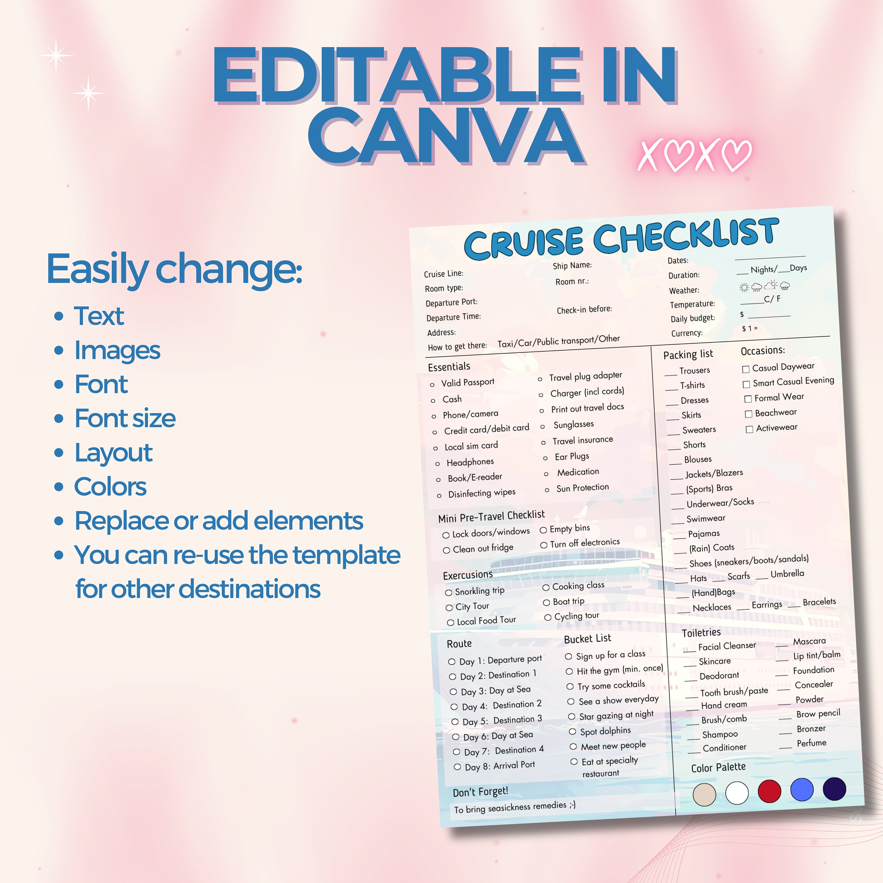 Cruise Checklist Canva Template - Minimalist Travel Planner and Bucket ...