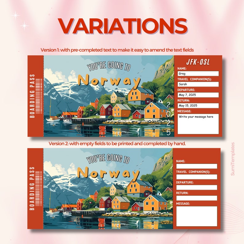Norway Surprise Ticket, Editable Boarding Pass, Custom Ticket Template ...