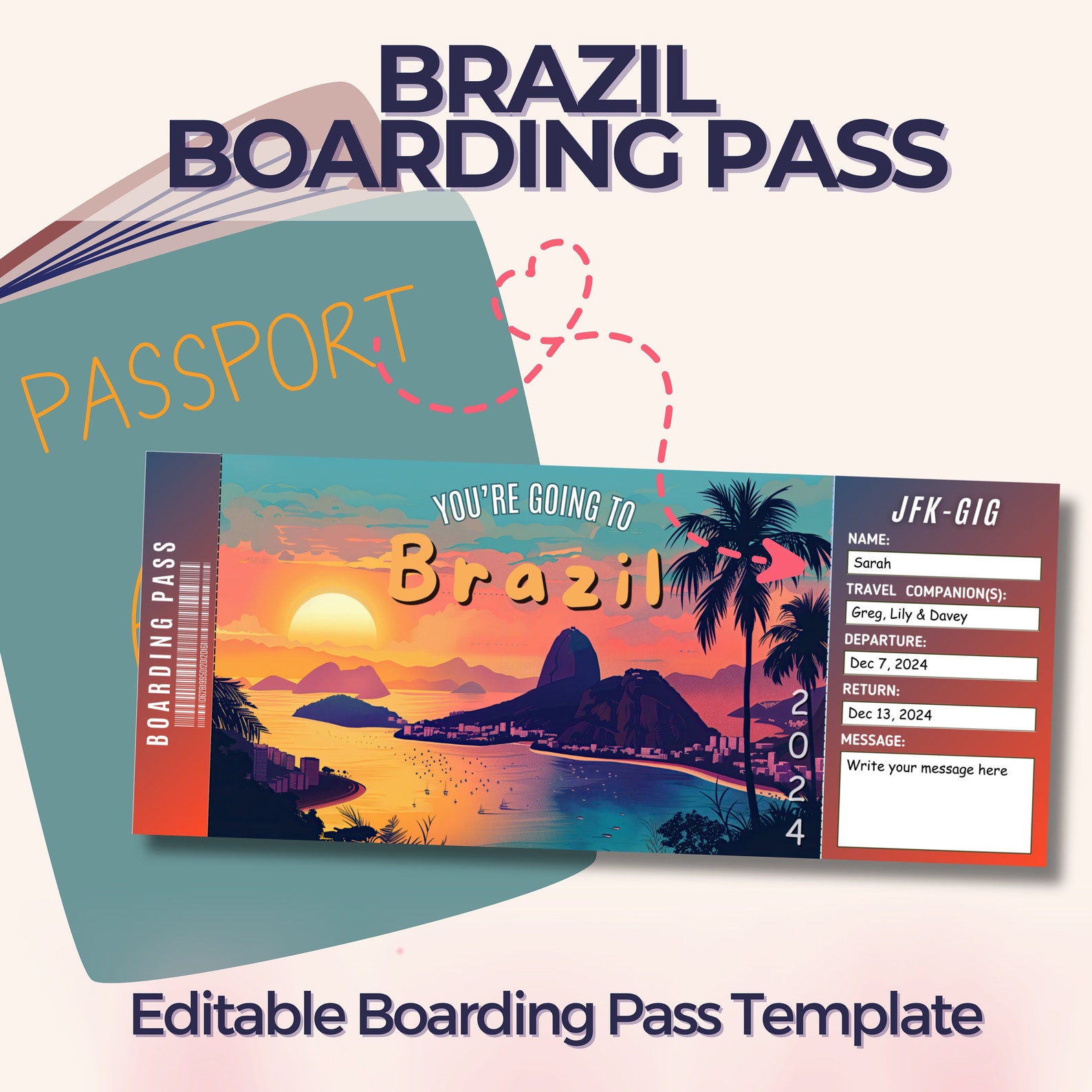 Editable Brazil Boarding Pass, Custom Flight Ticket Template, Girls ...
