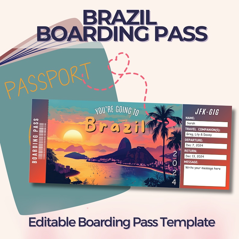 Editable Brazil Boarding Pass, Custom Flight Ticket Template, Girls ...