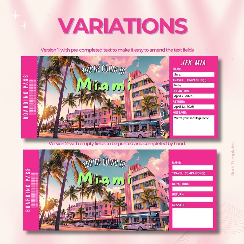 Editable Miami Boarding Pass, Surprise Ticket, Custom Ticket Template ...
