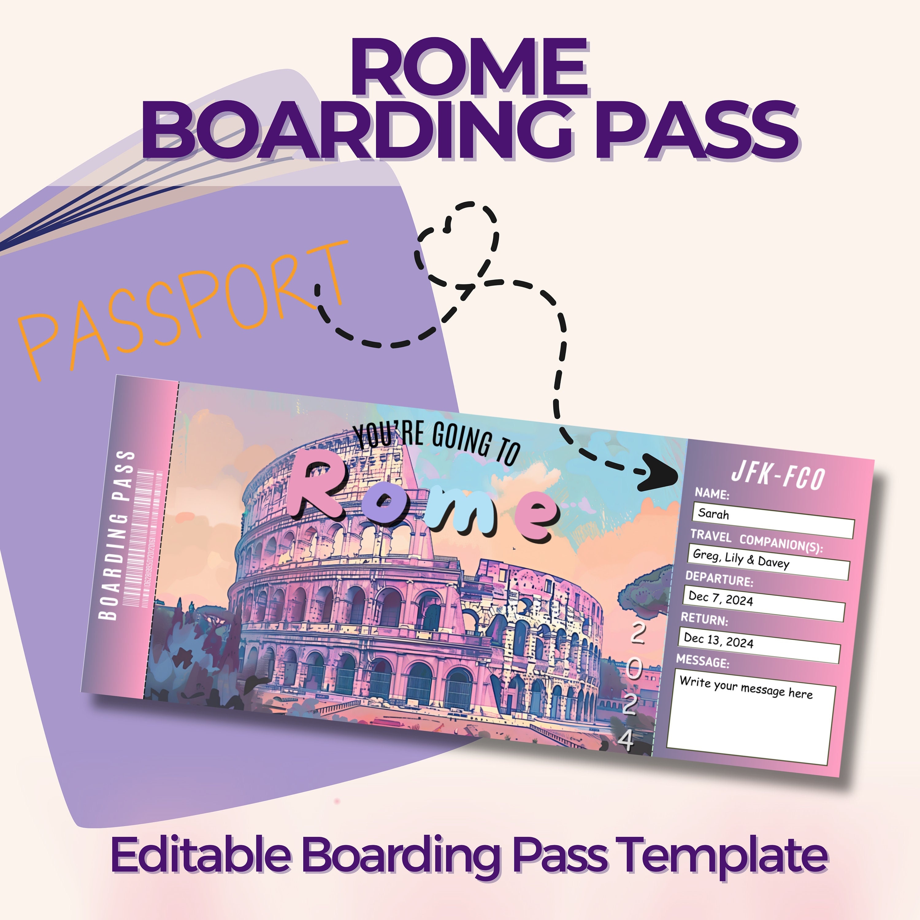 Rome Boarding Pass, Custom Flight Ticket, Editable Canva Template ...