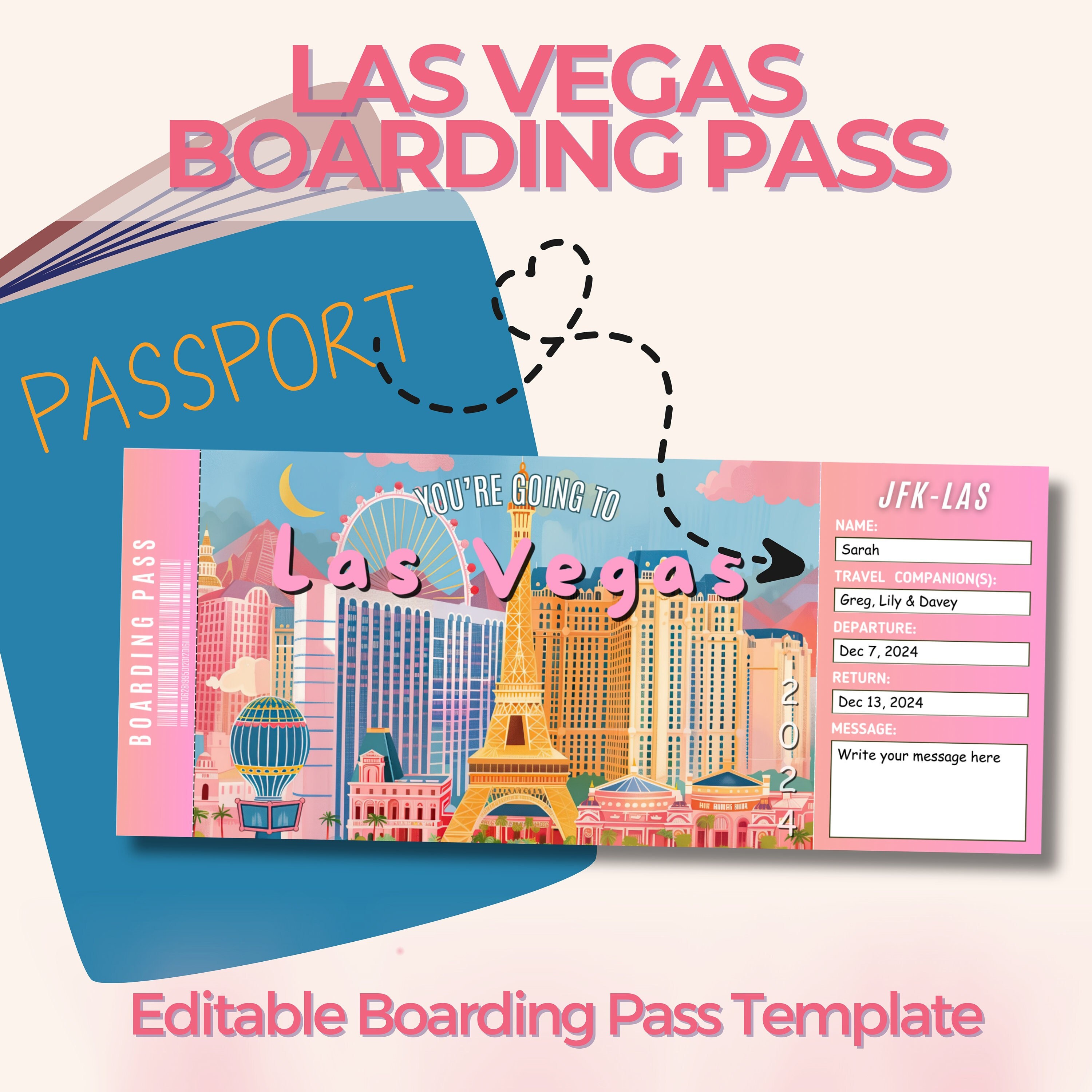 Editable Las Vegas Boarding Pass, Custom Flight Ticket Template ...